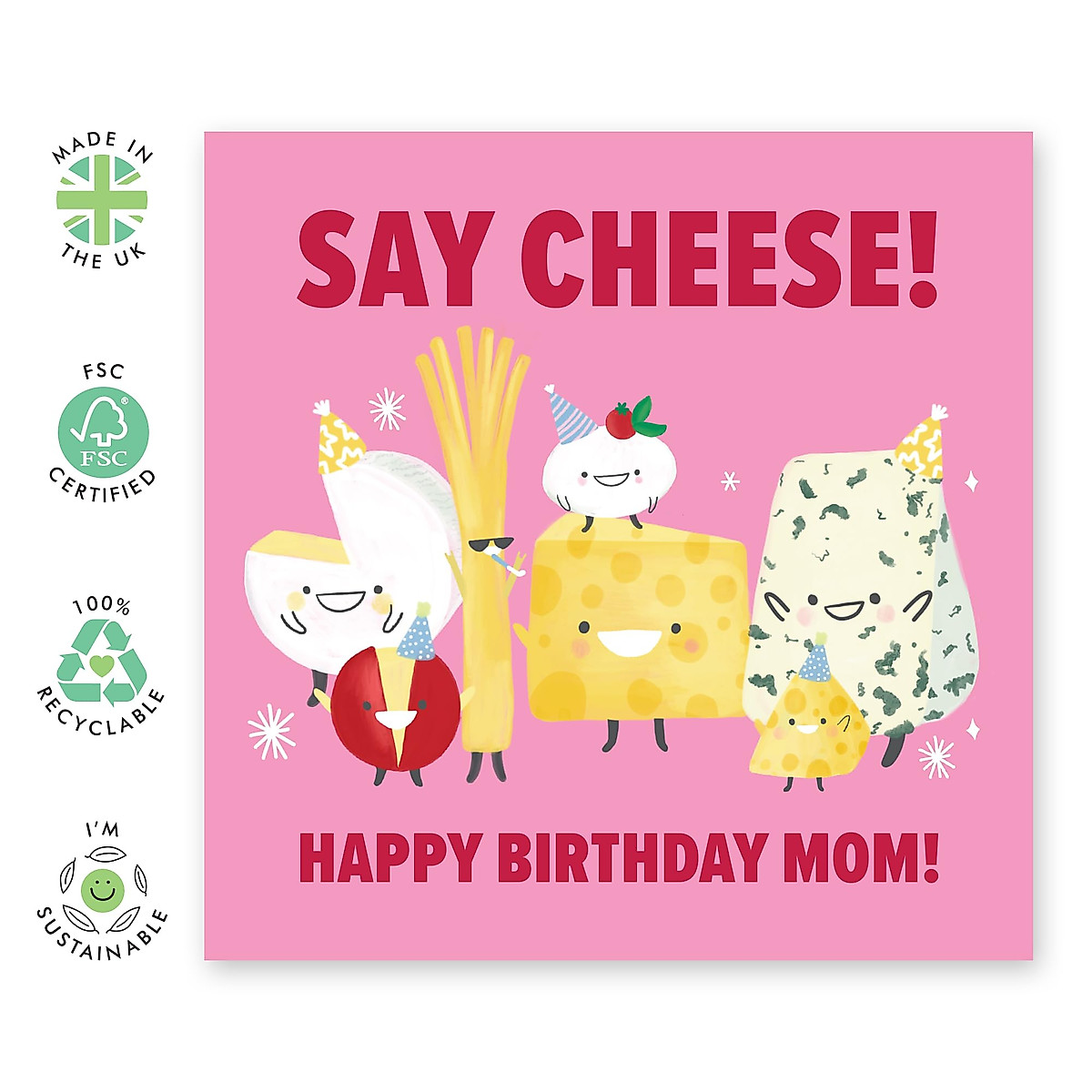 CENTRAL 23 Happy Birthday Mom Card - Say Cheese Mom - Funny Birthday Cards For Her - Food Pun Jokes Greeting Cards - Gifts For Women Mothers - Comes With Fun Stickers