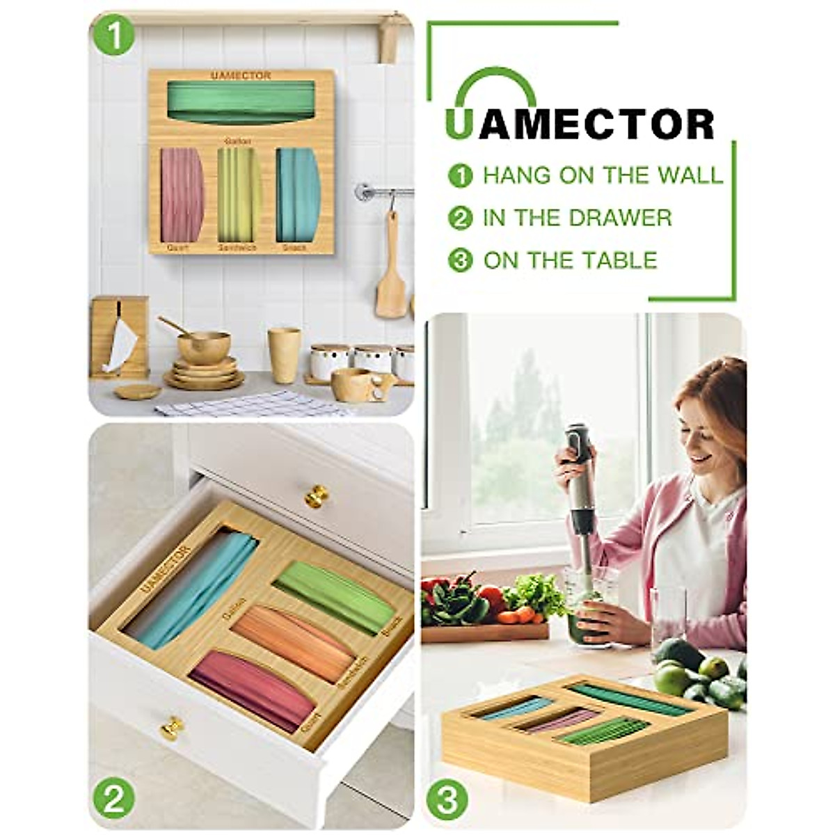 Uamector Bamboo Ziplock Bag Organizer for Drawer, Food Bags Dispenser Plastic Bags Holder for Kitchen, Hanging Baggie Container for Gallon Quart Sandwich or Snack Bag Trash Bags