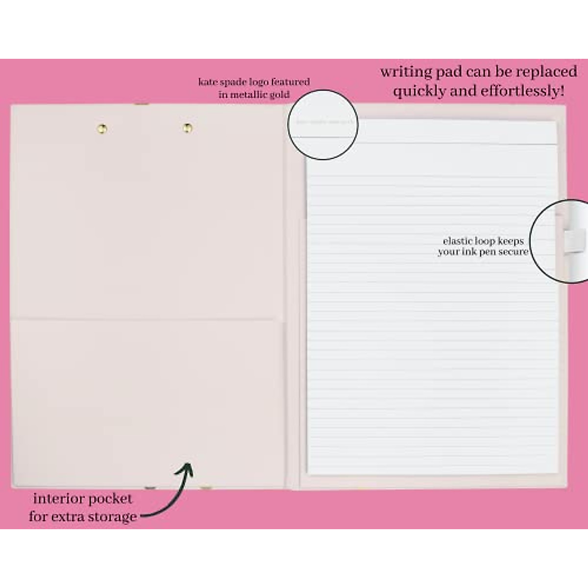 Kate Spade New York Clipboard Folio with Low Profile Clip, Professional Padfolio Includes Lined Notepad, Pen Loop, and Pocket, Gold Dot with Script