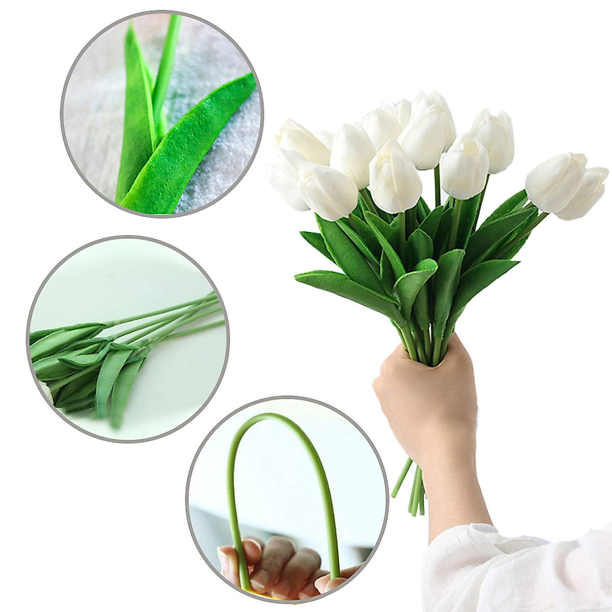 KOILLUXU Artificial Flowers 30pcs Bouquet 14" Tall Real Touch Tulips, White PU Fake Tulips Flowers for Arrangement Wedding Party or Easter Spring Home Centerpiece Dining Room Office Table Decoration