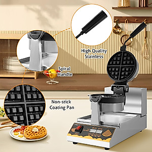 WICHEMI Belgian Waffle Maker Commercial Waffle Maker Restaurant Intelligent Flip Waffle Maker with Removable Plates 180° Rotating Non-Stick LED Digital Waffle Iron For Hotel Restaurant,110V 1200W.