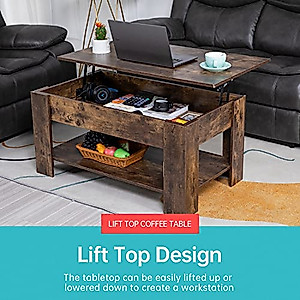 FDW Lift Top Coffee Table with Hidden Compartment and Storage Shelf Wooden Lift Tabletop for Home Living Room Reception Room Office (Brown)