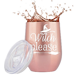JENVIO Witchy Gifts - Rose Gold Stainless Steel Wine Tumbler/Mug with Lid and Straw - Witch Room Decor for Witchcraft Women Wicca Gothic Brew Village Glass Cup Please Broomstick Valentine's Day