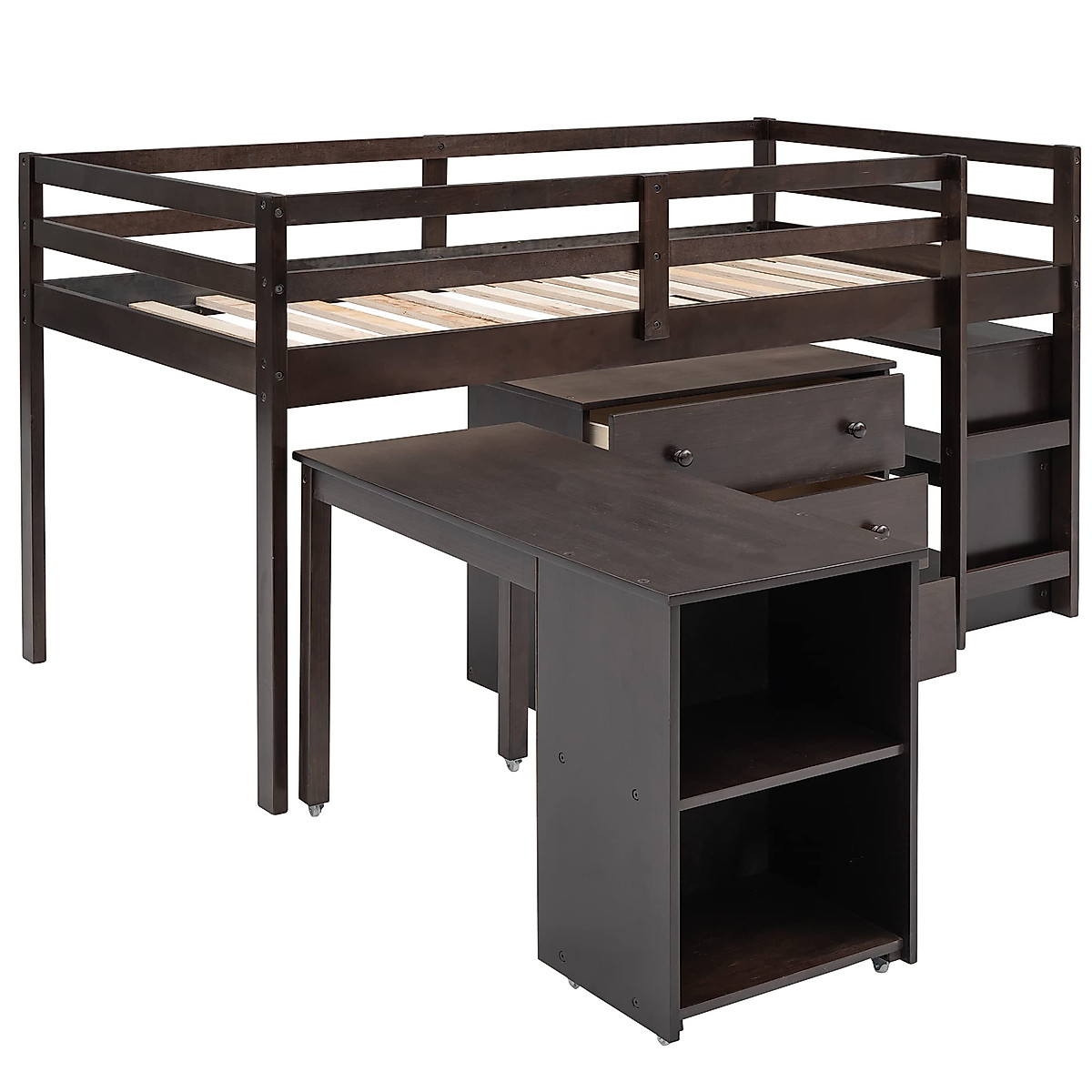 CITYLIGHT Twin Size Loft Bed with Desk, Low Study Twin Loft Bed Frame, with Cabinet and Rolling Portable Desk, Low Twin Loft Bed for Kids and Teens (Espresso)