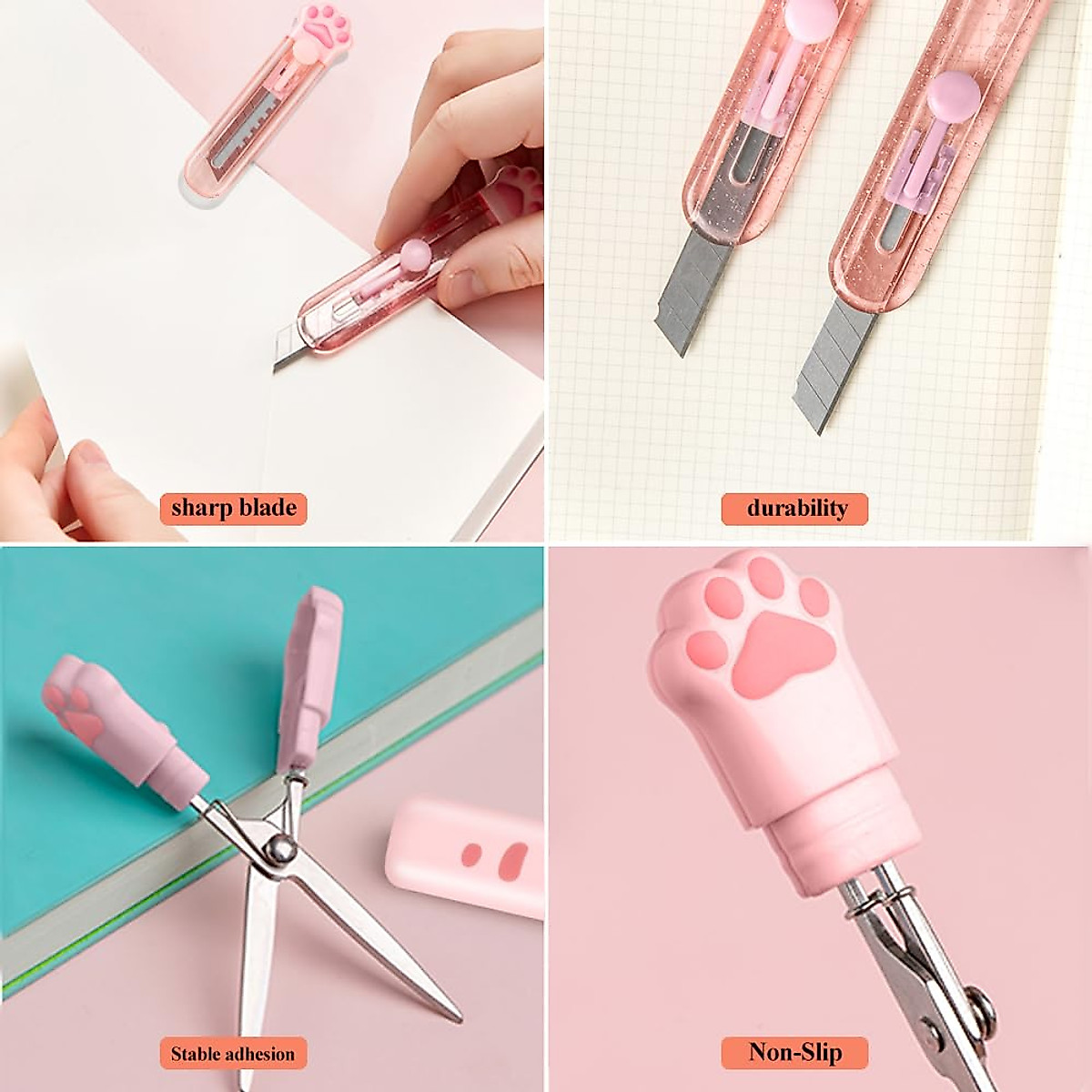 Cute Mini Craft Scissors, Pink Stainless Steel Scissors & Utility Knives, Folding Stationery Scissors with Safety Cover, Portable Safety Scissors and Utility Knives for Paper Cutting, Scrapbooking