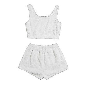 SweatyRocks Women's Fluffy Pajamas Set Crop Tank Top With Shorts Loungewear White S