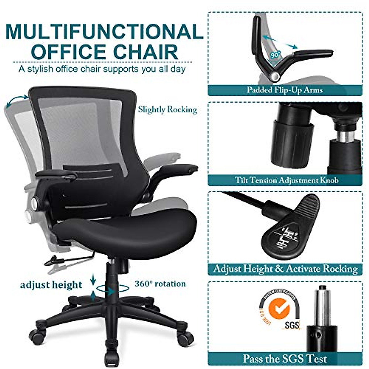 Funria Mesh Desk Chair with Wheels Black Mesh Office Chair with Flip Up Arms Mesh Back Home Office Desk Chair with Good Lumbar Support Height Adjustable Office Task Chairs Clearance