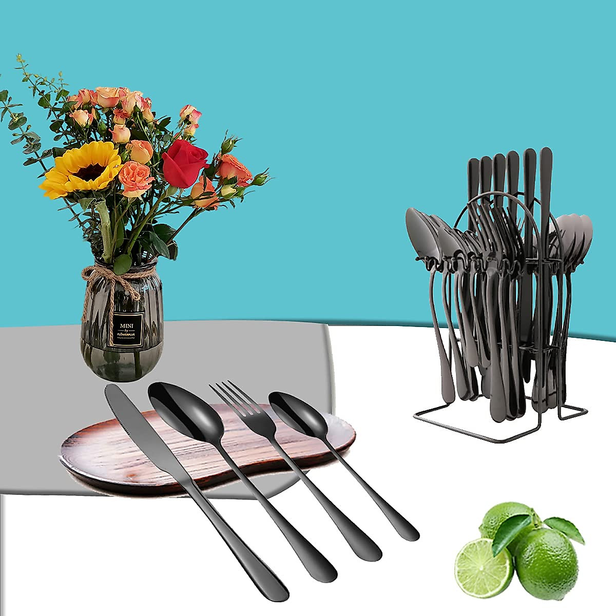 HYCSC Silverware Sets with Holder, Premium Stainless Steel Tableware Set, Mirror Polished Flatware Cutlery Set - Include Knife, Fork and Spoon, Dishwasher Safe, Nice Family Utensil Gift Set (Black)