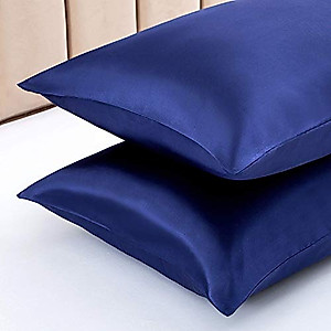 Cotton Home Depot Ultra Soft Silky Satin 4 Piece Sheet Set ( Flat Sheet + Fitted Sheet 16" Deep Pocket + 2 Pillow Cases ) Navy Blue Oversized Queen