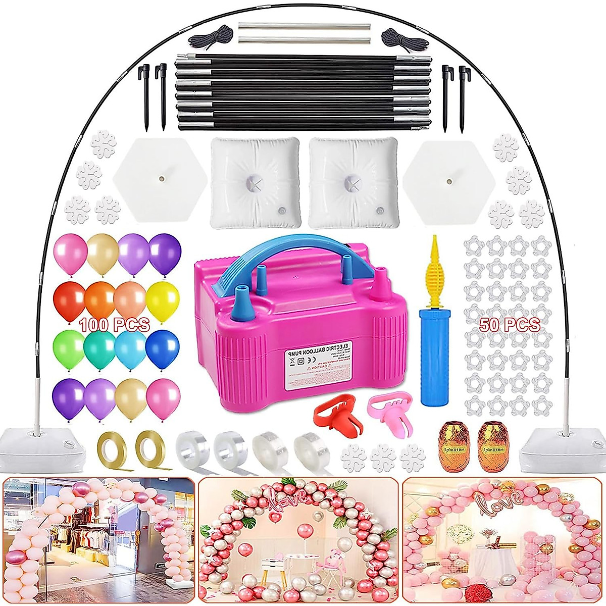 Balloon Arch Kit and Balloon Pump, 9Ft Tall & 10Ft Wide Adjustable Balloon Arch Stand with Water Base, Balloons Tying Tools and Other Accessories for Wedding Birthday Party Decoration