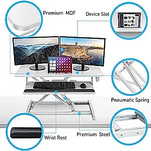 AboveTEK Standing Desk Converter, 36" Stand Up Desk Riser with Gel Wrist Rest, Tabletop Sit Stand Desk Fits Dual Monitors, Two Tiered Adjustable Height Desk with Removal Keyboard Tray, White