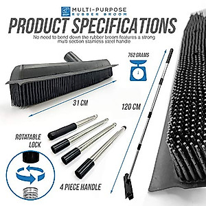 Rubber Broom Pet Hair Remover, Floor Brush Fur Rake Carpet Broom Dog Hair Remover to Sweep Fur, Dust, and Dirt for All Surface Cleaning, Silicone Broom with Built-in Squeegee for Wiping Out Spills