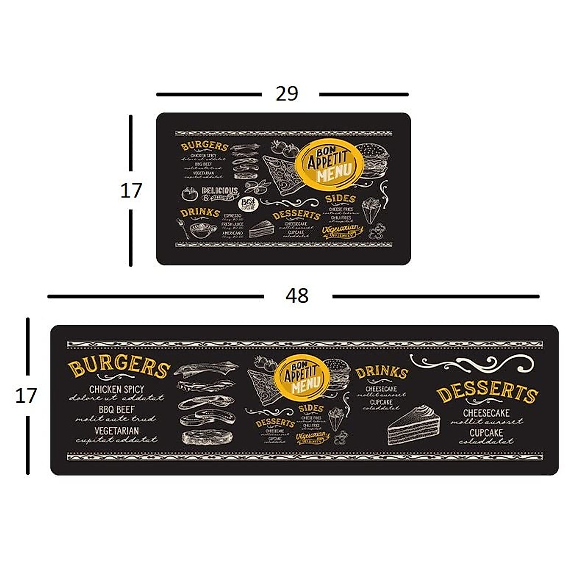 Kitchen Mat and Kitchen Rugs 2 PCS, Cushioned, Thick, Anti Fatigue and Waterproof Mat, Comfort Standing Desk Mat, Kitchen Floor Mat with Non-Skid & Washable for Home, Office, Sink. (Black Menu)