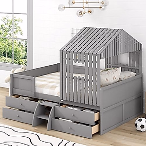 BOVZA Kids Full Size House Low Loft Bed with 4 Storage Drawers, Wood Playhouse Bed with Roof, Stairs and Safety Guardrail, for Kids Boys Girls Teens Bedroom, Gray