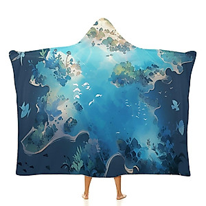 Hooded Blankets Blue Ocean Fish Wearable Hooded Blankets Nature Nautical Ocean Flannel Soft And Comfortable Fit for Kids Adults Teens for Sofa Lounge Bed Napping 50"x60" Spring Summer Blanket Hoodie