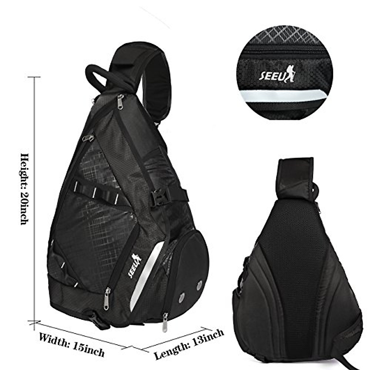 SEEU Large Sling Bag Backpack with Shoe Pocket, 32L Multi-Pocket Gym Bag (Black)