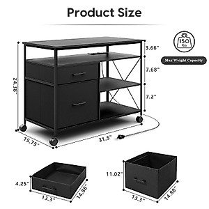 WASAGUN 2 Drawer Fabric File Cabinet, Rolling Printer Stand with Charging Station and 4 Open Storage Shelves, Mobile Lateral Filing Cabinet fits A4 or Letter Size, for Home Office, Brown