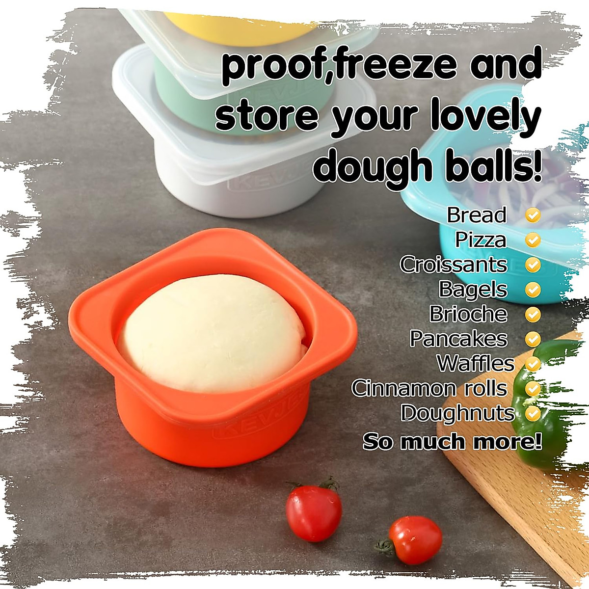 KEVJES Stackable Air-tight Silicone Pizza Dough Ball Proofing Containers with Lids-3pack-500ml portion (Green+Blue+Space Grey)
