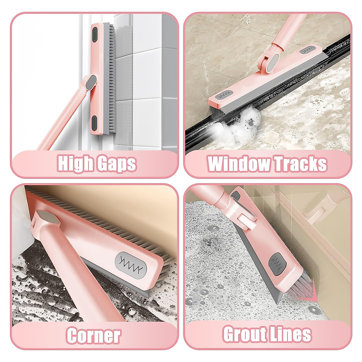 KZKR Floor Scrub Brush with Squeegee,Grout Brush with Telescopic Long Handle,V-Shape Floor Scrubber Brush with Scrape Stiff Bristle Shower Tile Grout Cleaning Tool for Kitchen Bathroom Baseboard Deck