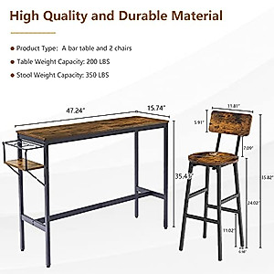Tatub Bar Table and 2 Chairs Set, Industrial Style 3 Pieces Pub Dining Table Set with Collapsible Bottle Holder, 2 Bar Stools with Backrest for Kitchen, Apartment, Small Space