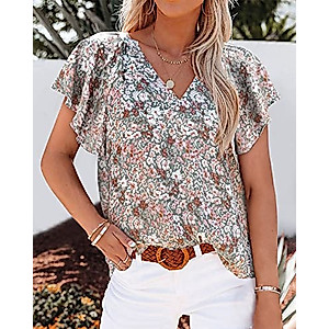 BTFBM Women Casual Boho Floral Blouse Shirts V Neck Long Puff Sleeve Lightweight Chiffon 2023 Fashion Summer Fall Tops(Short Floral Multicolor, Medium)