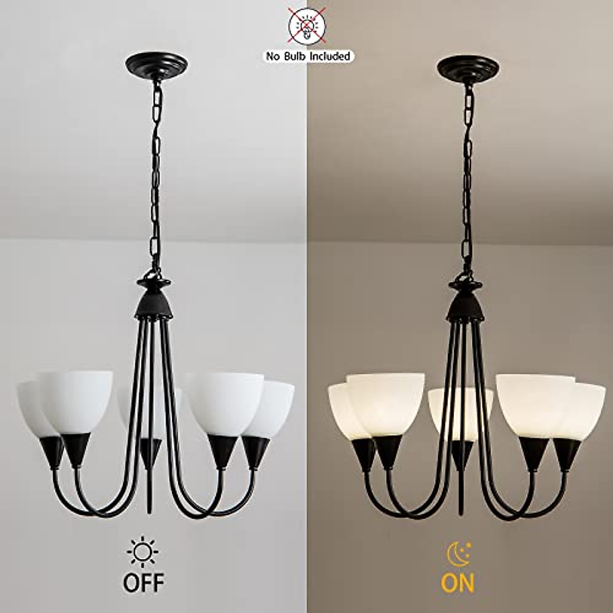 HuisMier 5 Light Contemporary Chandeliers with Alabaster Glass Shade, Modern Black Dining Room Chandelier Mid Century Hanging Pendant Lighting Fixtures for Living Room Foyer Bedroom