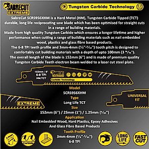 2 x SabreCut SCRS956XHM_2 Tungsten Carbide 5 63/64" (152mm) Variable 6-8 TPI S956XHM Very Fast Wood and Plastic Cutting Reciprocating Sabre Saw Blades Compatible with Bosch Dewalt Makita and Others