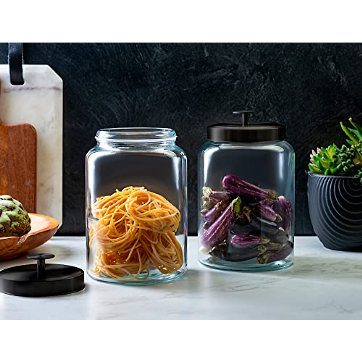 Kook Glass Large Kitchen Canister Set, Food Storage Containers, Bathroom Jars, Airtight Lids, 3.7 Liters, .98 gallons, Set of 2 (Black)