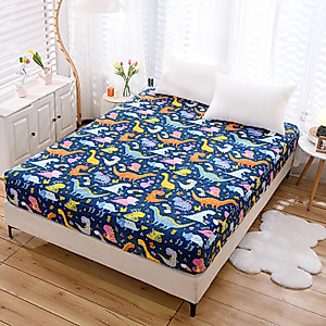 NATURETY Soft Bedding Fitted Sheet with Deep Pocket,Thicken Fabric Dino Printed Bed Sheets for Teens (Navy Blue(Dinosaur), Twin)