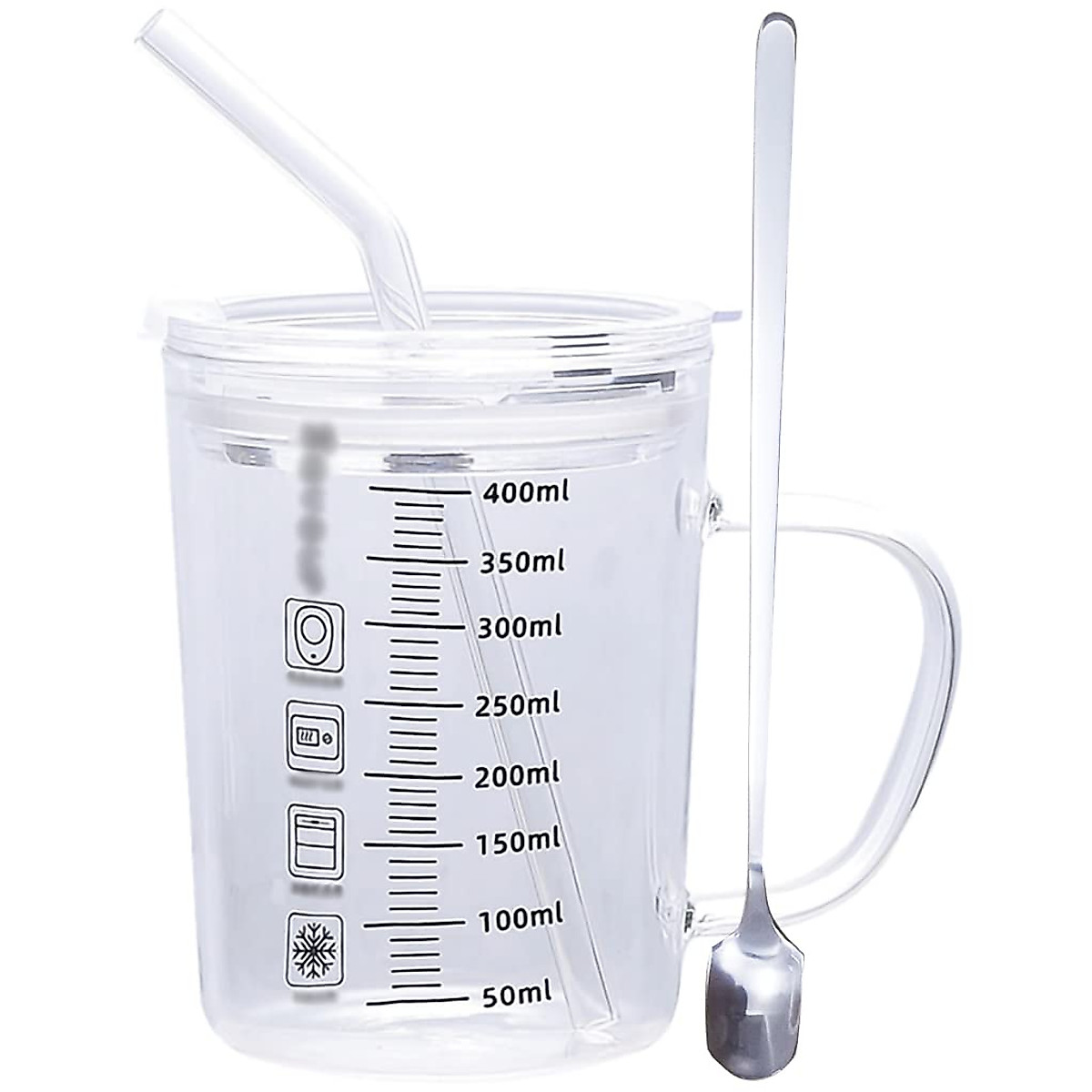 ZRAGEK Straw Cup Glass Mug with Straw and Spoon, Breakfast Scale Coffee Cup, Thickened High Borosilicate Glass Cup, 17.6oz Large Capacity, Microwave Safe(Black,17.6Oz)