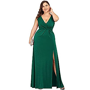 Ever-Pretty Summer V-Neck Side Slit Glitter Plus Size Summer Bridesmaid Dresses for Women Dark Green US18