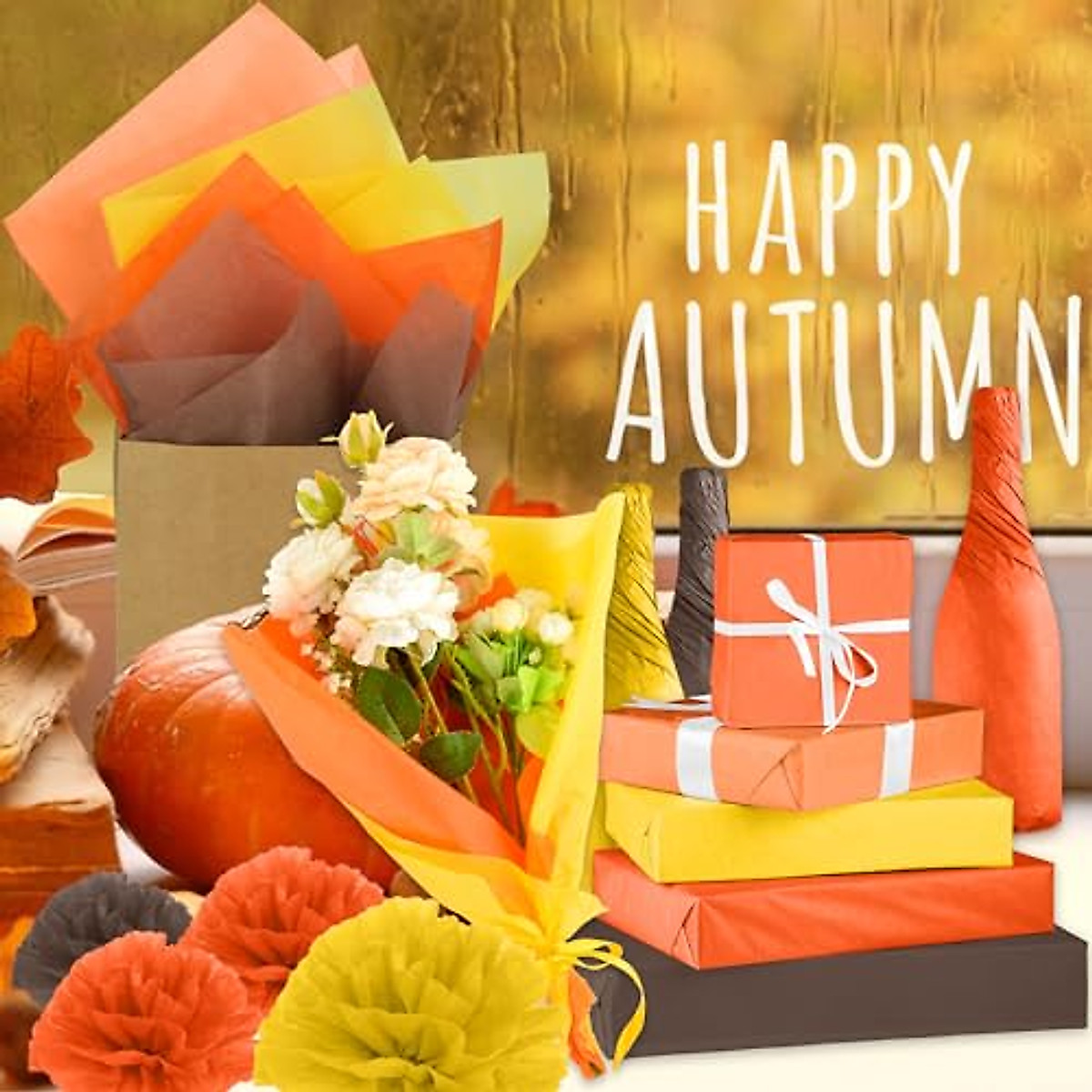 NEBURORA 108 Sheets Autumn Gift Wrap Paper Orange Brown Yellow Tissue Paper Fall Tissue Bulk for Thanksgiving Day Birthday Holiday Presents Packaging and Fall Theme Party Decoration