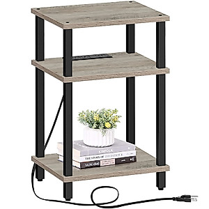 TUTOTAK End Table with Charging Station, Side Table with USB Ports and Outlets, Nightstand, 3-Tier Storage Shelf, Sofa Table for Small Space TB01BG042
