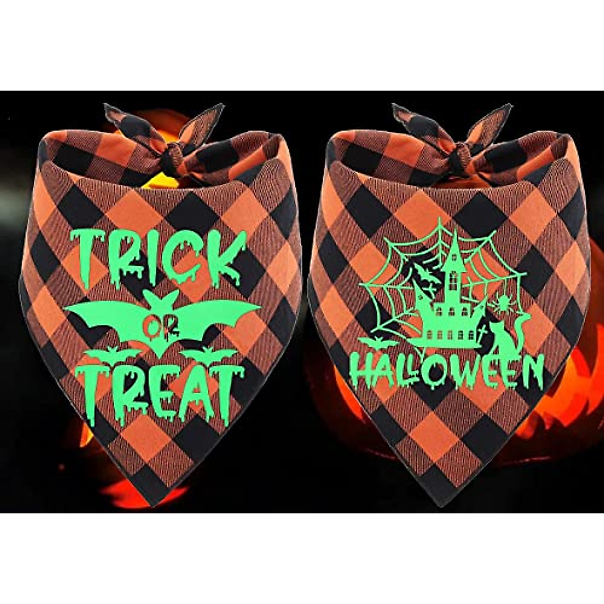 Glow in The Dark Halloween Dog Bandana Scarf, 2 Pack Holiday Fall Dog Bandanas Plaid Triangle Reversible Scarves Bibs for Small Medium Large Dogs Pets