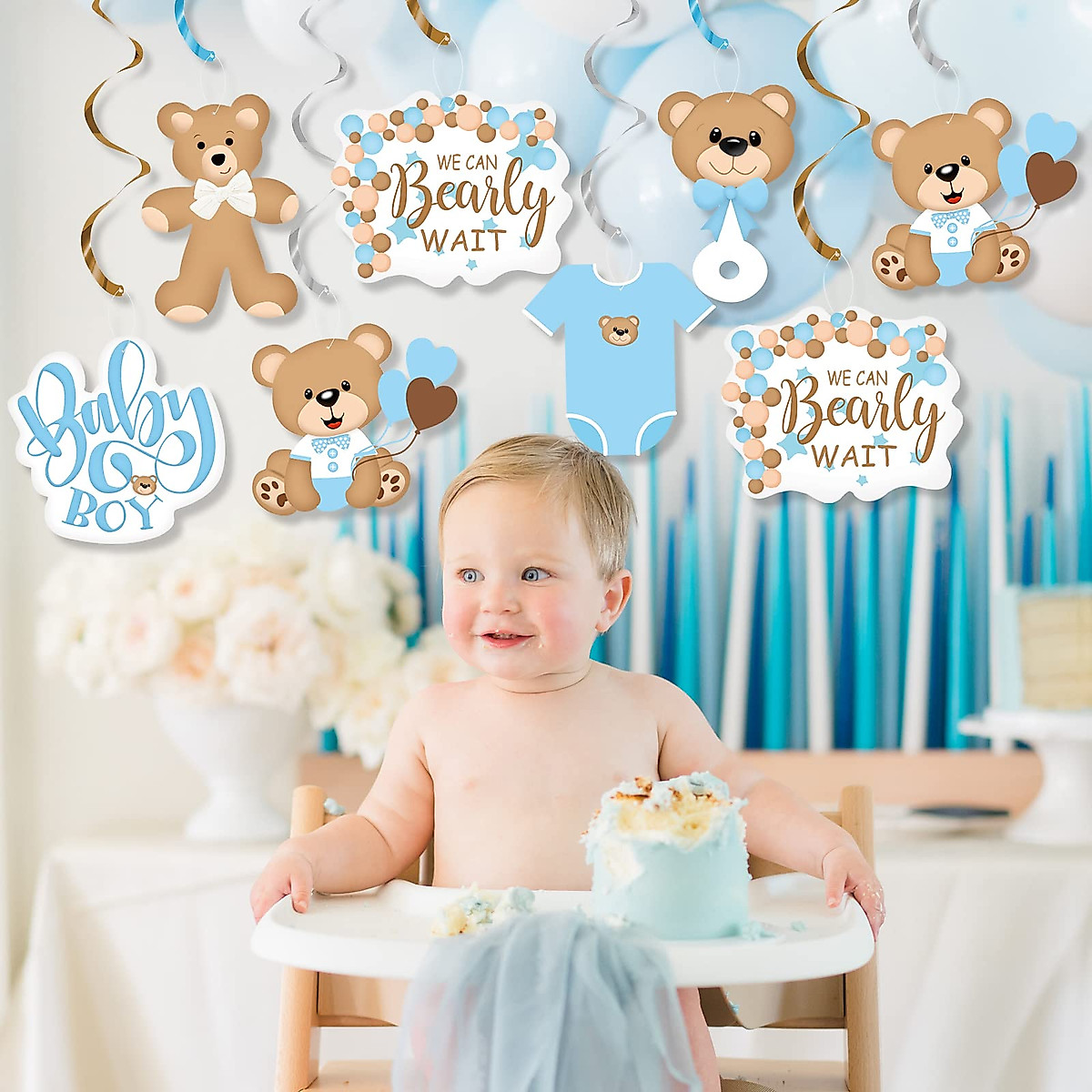 20pcs Blue Bear Baby Shower Party Hanging Swirls Decorations, We Can Bearly Wait Baby Shower Decorations for Boy, Foil Ceiling Swirls Teddy Bear Them Hanging Decor Streamers Birthday Party Supplies