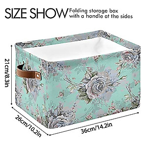 AUUXVA Floral Flower Rose Pattern Storage Bin Canvas Toys Storage Basket Bin Large Storage Cube Box Collapsible with Handles for Home Office Bedroom Closet Shelves,1 pc