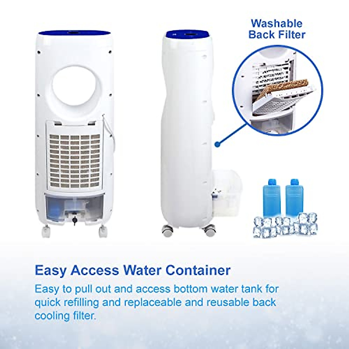COOLS UP TO 7° F - Evaporative Cooling Fan, Portable Personal Air Cooling with Humidifier Water Tank. Includes Remote, Ice Packs, and 360° Caster Wheels. BUY FROM AN AMERICAN SMALL BUSINESS!