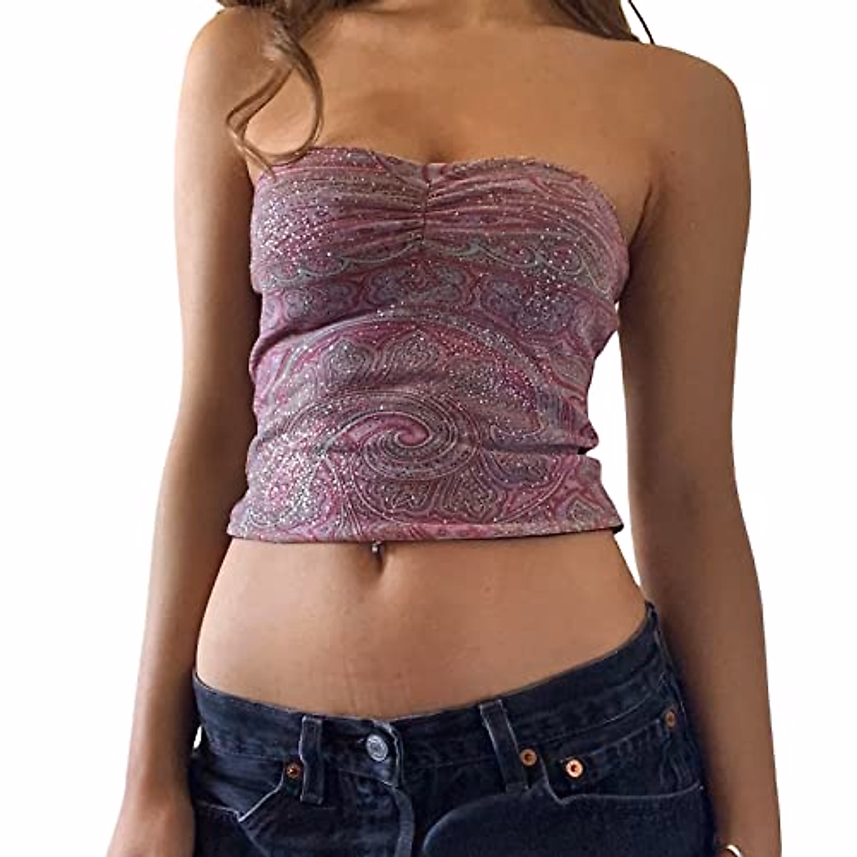 Y2k Lace Tube Top for Women Strapless Backless Mesh Sheer Slim Fit Crop Bandeau Sexy Sleeveless Going Out Clothing (Purple-1, L)
