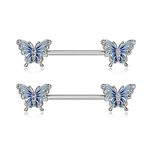 OUFER Butterfly Nipple Rings, 316L Surgical Steel Paved Shiny Clear CZ Nipple Barbells,14G Nipple Piercing jewelry For Women