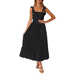 ZESICA Women's 2024 Summer Boho Spaghetti Strap Square Neck Solid Color Ruffle A Line Beach Long Maxi Dress,Black,Small
