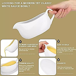 Miecux Gravy Boat wiht Tray, Ceramic Serving Saucer&Dish Dispenser for Sauces, Dressings and Creamer, Large Handle, Microwave and Dishwasher Safe, 17 oz (White)