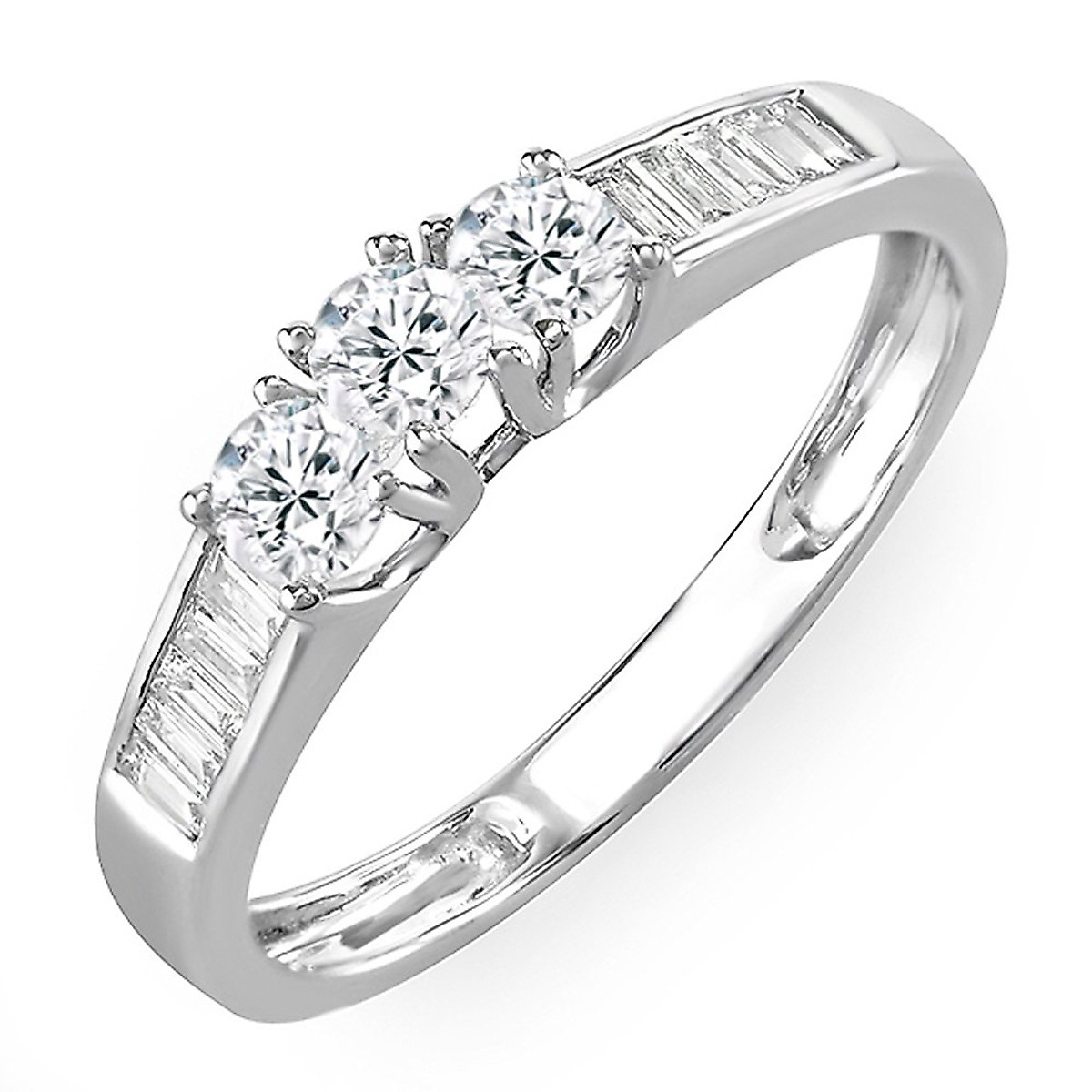 Dazzlingrock Collection 0.55 Carat (ctw) 14K Round & Baguette Diamond 3 stone Engagement Ring 1/2 CT, White Gold, Size 7