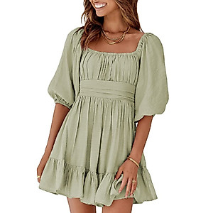 Dokotoo Womens Square Neck Mini Dress Tie Back Lantern Sleeve Summer Dresses Ruffle A-Line Grey Dress Casual Shirred Elastic Waist Sexy Dress Medium
