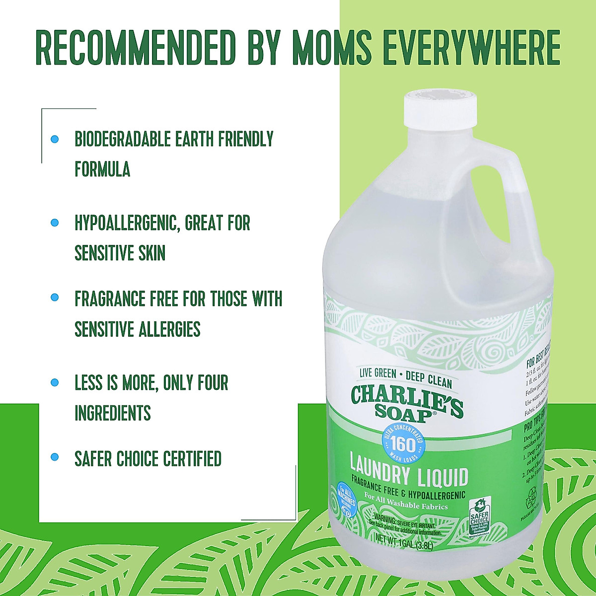 Charlie’s Soap Laundry Liquid (160 Loads, 4 Pack) Natural Deep Cleaning Hypoallergenic Laundry Detergent – Biodegradable Eco Friendly Sustainable Laundry Liquid