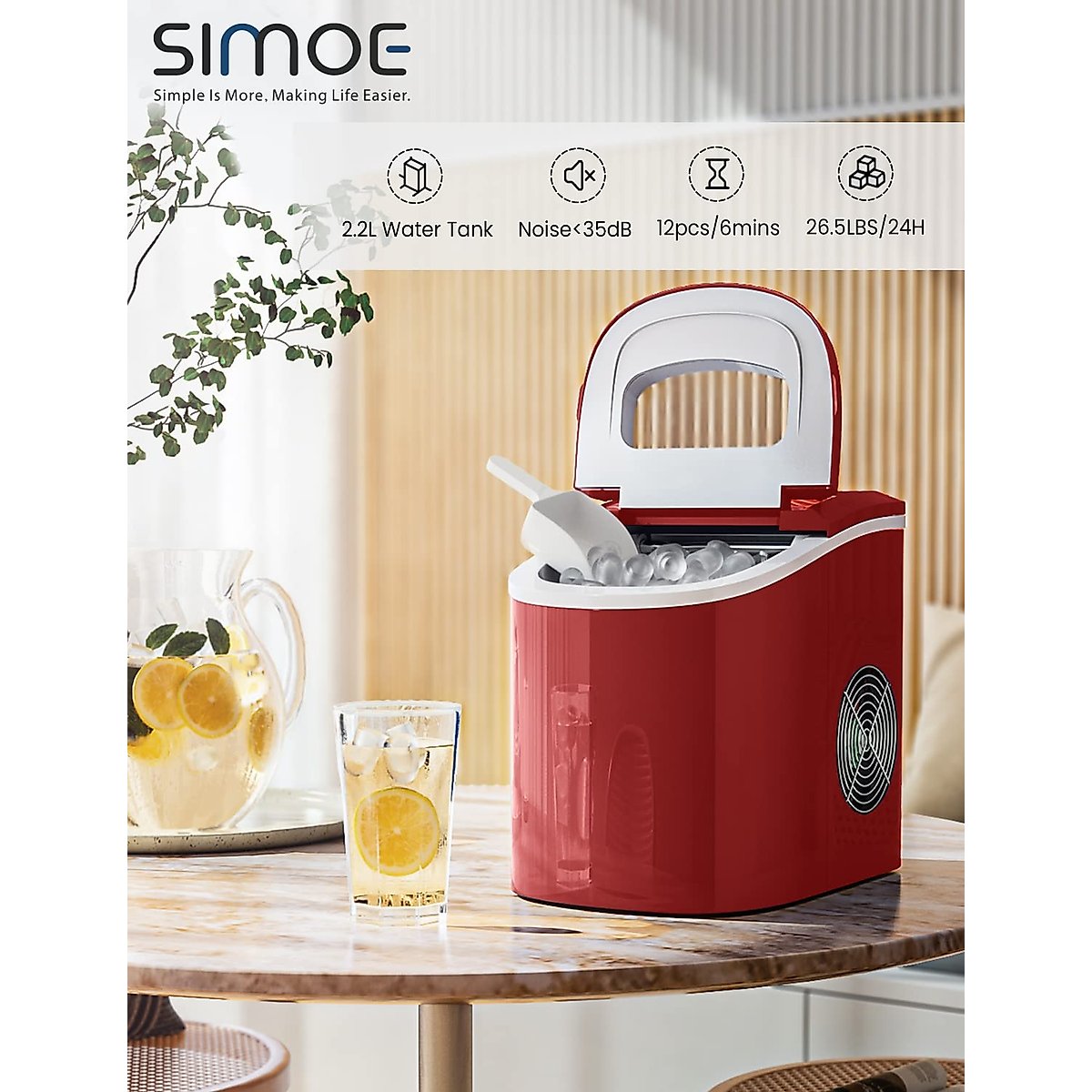 SIMOE Electric Ice Maker Machine for Countertop, 26-1/2 LBS/24 H Ice Making Machine with 9 Ice Cubes Ready in 6 Min, Portable Ice Cube Machine with Scope & Basket (Red)
