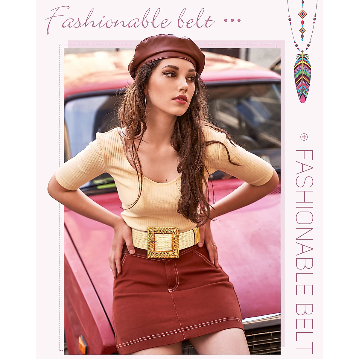 3 Pieces Straw Woven Belt Elastic Stretch Belt Boho Waist Belt Skinny Dress Braided Belt Wooden Buckle for Women