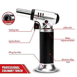 Blow Torch, Butane Torch with Fuel Gauge, Refillable Torch Lighter with Safety Lock, Adjustable Flame, One-handed Operation, Kitchen Torch for Cooking, BBQ, Baking(Butane Gas Not Included)
