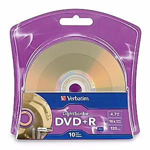 Verbatim LightScribe 10pk DVD+R Blank Media - Laser Etch Prints Direct to Disc (96943) - 4.7GB/120min