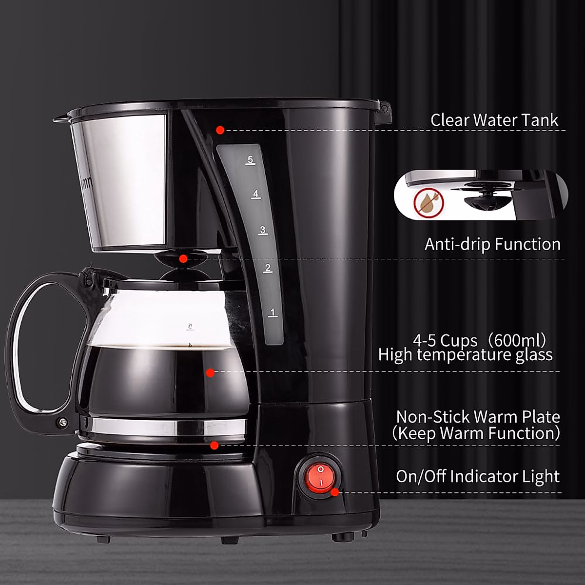 Nehilumn 4 Cup Drip Coffee Maker, Coffee Pot Machine Permanent Coffee Filter, Small Coffee Maker,20Oz Electric Coffee Maker,650W Black and Stainless Steel