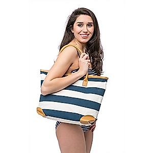 AIREE FAIREE Tote Bag Canvas Beach Bag Striped Summer Nautical Shopper for Ladies size 18" x 12" x 5"